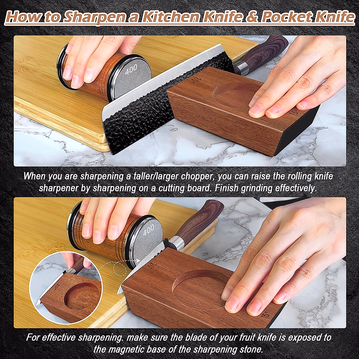 Abardi Rolling Knife Sharpener for Straight Edge, Knife Sharpener with Industry Diamonds for Steel of Any Hardness, Knife Sharpener Kit with 15 & 20 Degree Magnetic Angle for Kitchen Knives