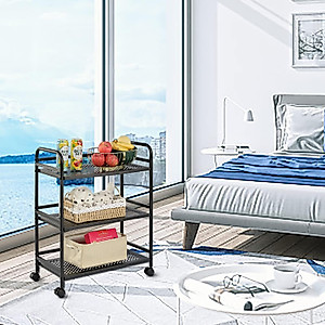 GYCZYCX 3-Tier Mesh Metal Rolling Cart,Multipurpose Heavy Duty Cart,Multipurpose Storage Rack,Utility Cart,High Capacity Cart with Locking Wheels (Black)