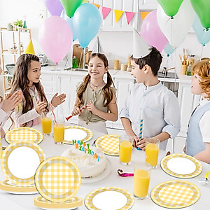 48Pcs Yellow Gingham Paper Dessert Plates Yellow and White Party Supplies Yellow Checkered Tableware Party Decorations Plaid Plates Dinnerware for Boys Girls Birthday Picnic Bride Shower Favor 7”
