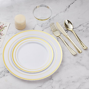 BESTVIP 600PCS Plastic Dinnerware Set (100 Guests), Gold Disposable Plates for Party, Wedding, Anniversary, Includes: Dinner Plates, Dessert Plates, Cups, Spoons, Forks and Knives