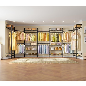 Timate L3 L Shape Garment Rack Heavy Duty Clothes Rack for Hanging Clothes, Expandable Industrial Pipe Wall Mounted Clothing Rack, Adjustable Corner Closet Wardrobe Closet Kit Closet Systems, Black