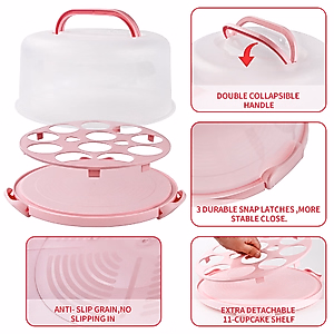 HOYA PONYOO Portable Cake Carrier with Handle, Round Cupcake Holder with Lid, Plastic Storage Container Box fit 10 inch Cake, 3-Locking Muffin and Pies Keeper with Cover (Pink)