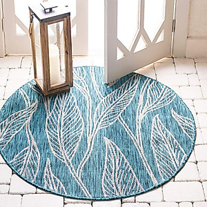 Unique Loom Outdoor Botanical Collection Area Rug - Leaf (4' 1" Round, Teal/ Ivory)