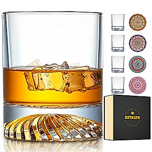 KITNATS Old Fashioned Whiskey Glasses Set of 4 12oz Rocks Glasses Coaster set Drinking for Bourbon Scotch Cocktails Rum Cognac Vodka Perfect Gifts for Men