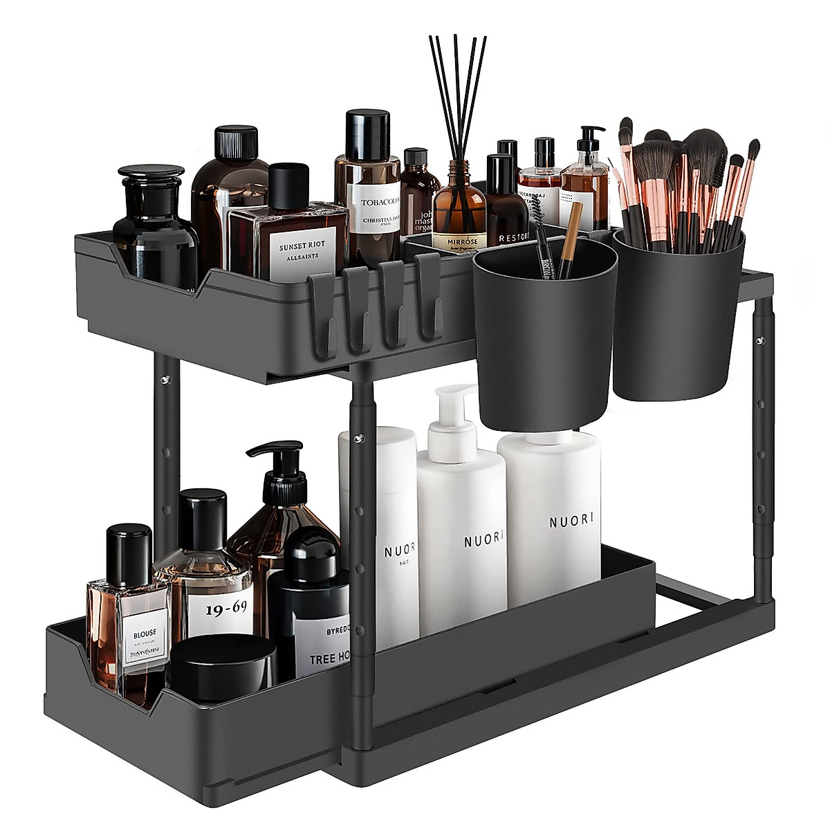 FM Royal Brand Under Sink Organizer - Double Slider Cabinet Organizer for Kitchen, Bathroom & Laundry Room Storage - Includes 2 BPA Drawers, 4 Adjustable Feet, 2 Cups, 4 Hanging Hooks, Divider