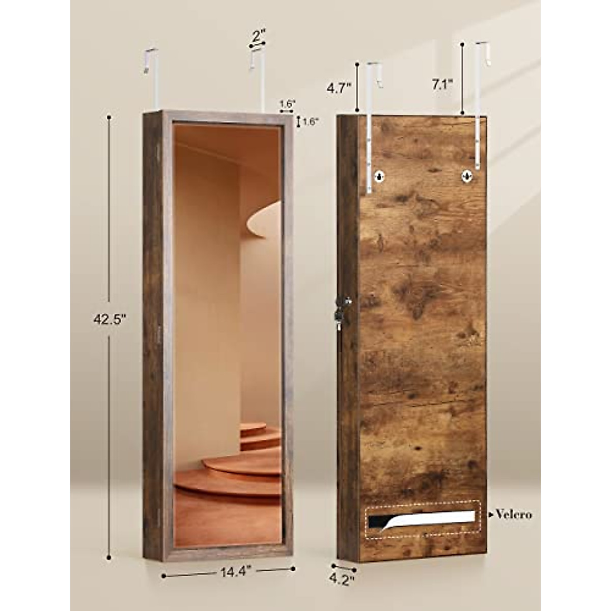 Nicetree 6 LEDs Mirror Jewelry Cabinet with 3 Improvements, 4.2" D Door/Wall Mounted Jewelry Armoire with Full Length Mirror, Larger Capacity, Rustic Brown