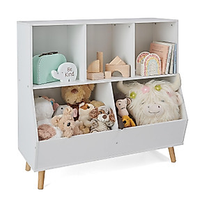 Badger Basket Kid's Bookshelf and Toy Organizer, 5-Bin Wooden Toy Storage with Feet - Fresh White