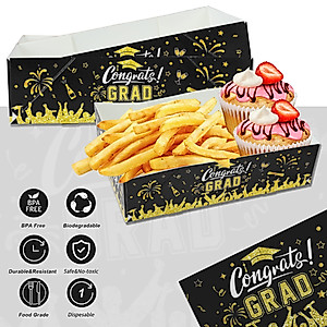 Disposable Food Trays 2023 Graduation Party Supplies Graduation Congrats Grad Paper Food Trays 30 Pcs Disposable Food Holders for Popcorn Nacho Black and Gold Graduation Party Decorations