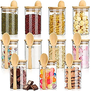 Roshtia 12 Sets Glass Jars with Bamboo Lids and Spoons Airtight Glass Jars Containers Borosilicate Glass Canisters Food Storage Canister for Hot Chocolate Bars Coffee Oats Spices Marshmallows (10 oz)