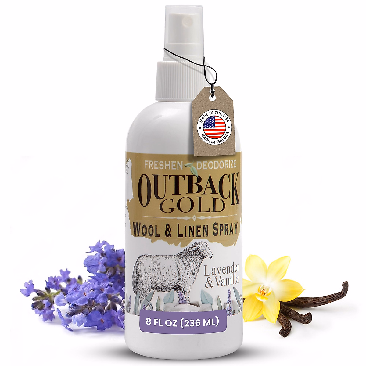 Outback Gold - Wool Cashmere Spray, Linen Sprays for Pillows and Sheets, Bed Spray Freshener & Deodorizers for Home, Lavender & Vanilla Fabric Sprays, Natural Fabric Freshener - 8 Fl Oz