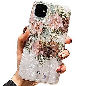 Qokey iPhone 11 Case Floral Case Cute Clear Flower Case for Women Girls with 360 Degree Rotating Ring Stand Holder Kickstand Soft TPU Shockproof Cover Designed for iPhone 11 6.1 Inch Brown Flower
