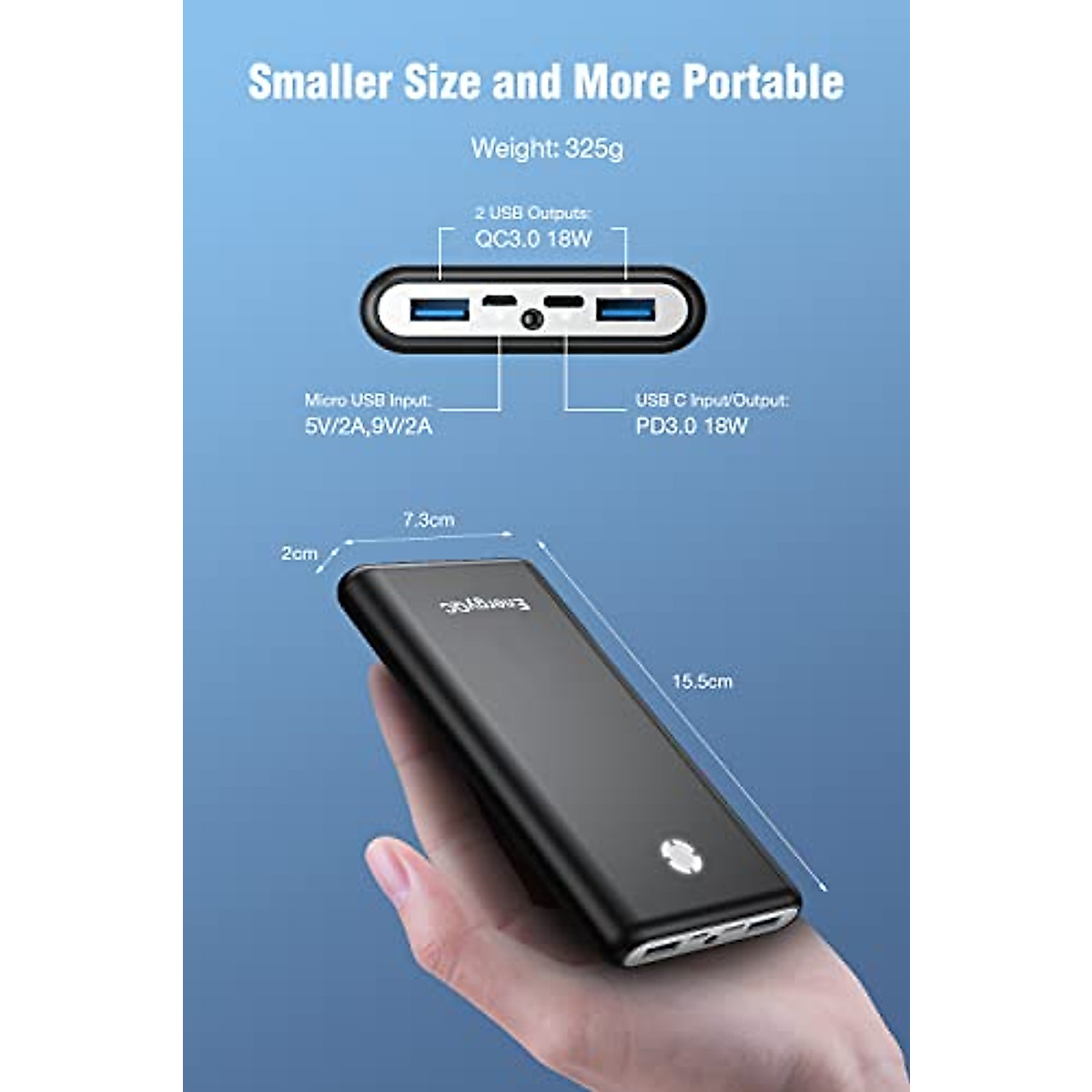 EnergyQC Pilot X7 Portable Charger,20000mAh 18W PD Fast Charging Power Bank,USB C Input/Output Battery Pack with LED Flashlight for iPhone,Samsung and More - Black