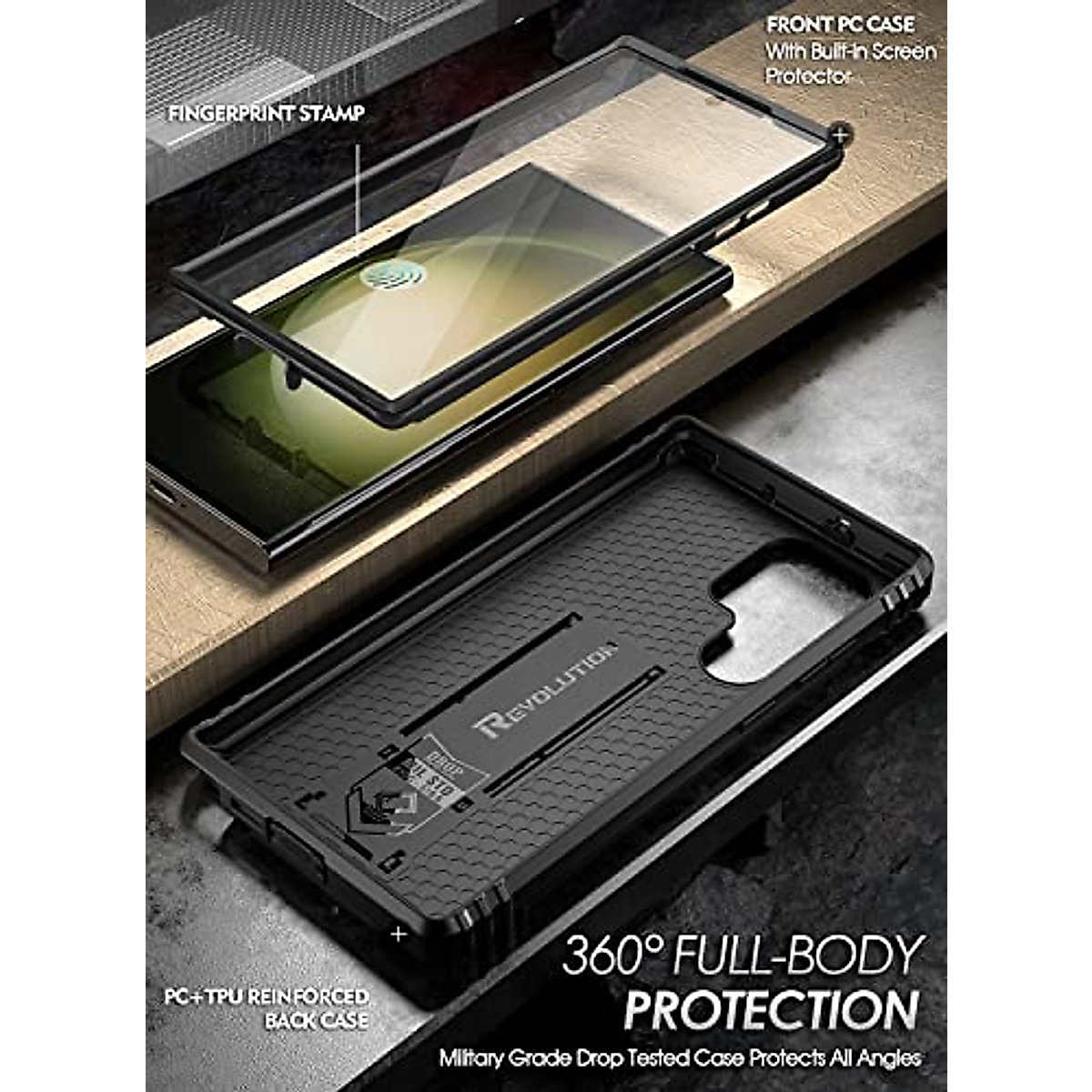 Poetic Revolution Case for Samsung Galaxy S23 Ultra 5G 6.8" (2023), Built-in Screen Protector Work with Fingerprint ID, Full Body Rugged Shockproof Protective Cover Case with Kickstand, Black