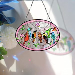 Huray Rayho Birds On A Branch Stained Glass Ornament, 9.5''x6.7'' Cardinal Hummingbird Suncatcher Hand-Painted Double Side Glass Panel Window Hanging Decor Bird Lover Gift for Mom, Grandma, Teacher