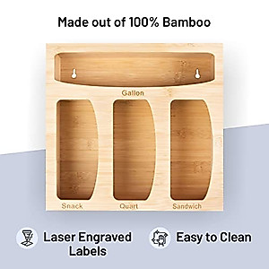 Bamboo Ziplock Bag Storage Organizer for Drawer and Wall-Mount; Gallon, Quart, Sandwich and Snack Plastic Bag Organizer; 4 Compartment Kitchen Drawer Organization and Storage for Baggies