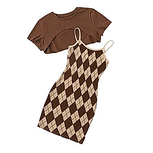 SweatyRocks Girl's 2 Piece Outfits Argyle Print Cami Mini Dress with Short Sleeve Crop Tee Brown 8Y