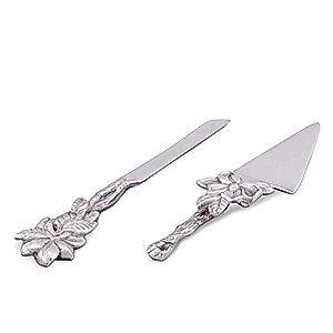 Arthur Court Designs Aluminum Magnolia Flower Cake Serving Knife and Pie Server Set Pair - Perfect for Spring Wedding Gift Knife 13 inch Server 11 inch Long