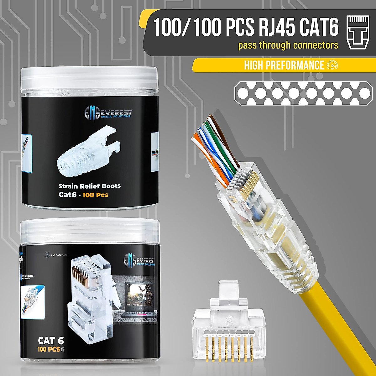 Everest Media Solutions RJ45 Cat6 Pass Through Connectors and Strain Relief Boots - Pack of 100/100 - EZ to Crimp Modular Plug for Solid or Stranded UTP Network Cable - Male Ethernet Connector End
