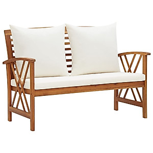 Tidyard Garden Bench with White Cushion and Pillow Acacia Wood Porch Chair Wooden Outdoor Bench for Backyard, Porch, Park, Lawn 46.9 x 26.4 x 32.7 in