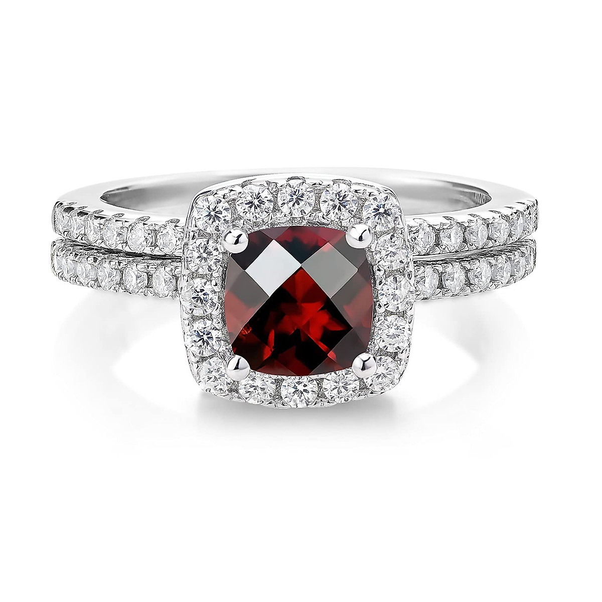 Gem Stone King 925 Sterling Silver Red Garnet and White Moissanite Wedding Engagement Ring Band Bridal Ring For Women (1.47 Cttw, Gemstone Birthstone, Available In Size 5, 6, 7, 8, 9)