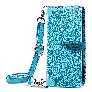 ONV Wallet Case for Oppo A12-1.5M Adjustable Strap Emboss Feather Flip Phone Case Card Slot Magnet Leather Shell Flip Stand Cover for Oppo A7 / Oppo A5S / Oppo AX5S / Oppo A12 [MZY] -Blue
