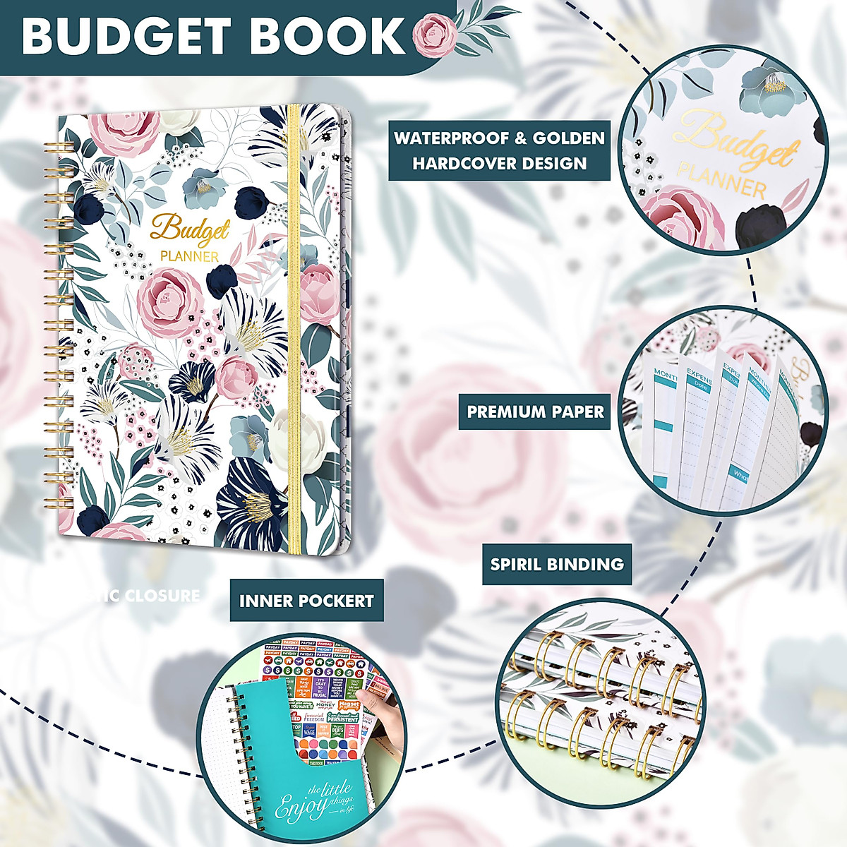 Budget Planner - Budget Book and Organizer With Expense Tracker Notebook, 6.3" x 8.4" Undated Bill Organizer with Pocket +Hardcover + Stickers +Premium Paper + Pen Holder - Floral