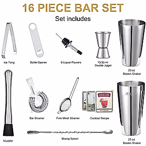 Perjoy Cocktail Shaker Set, 16 Piece Bartender Kit, Cocktail Shaker, Stainless Steel Bar Set Accessories, Coktail Set, Boston Shaker, Drink Mixer Shaker, Bartending Bar Tools with Muddler Spoon Jigger