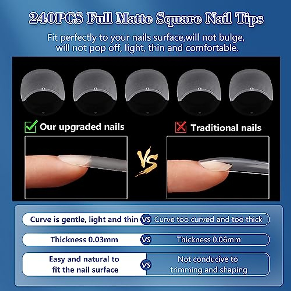 Clear Square Nail Tips, Gel Nail Tips for Acrylic Nails Professional，240PCS XL Nail Tips Full Matte Full Cover Straight Square Nail Tips, Slightly C Curve French Nail Tips Use for Nail Extension