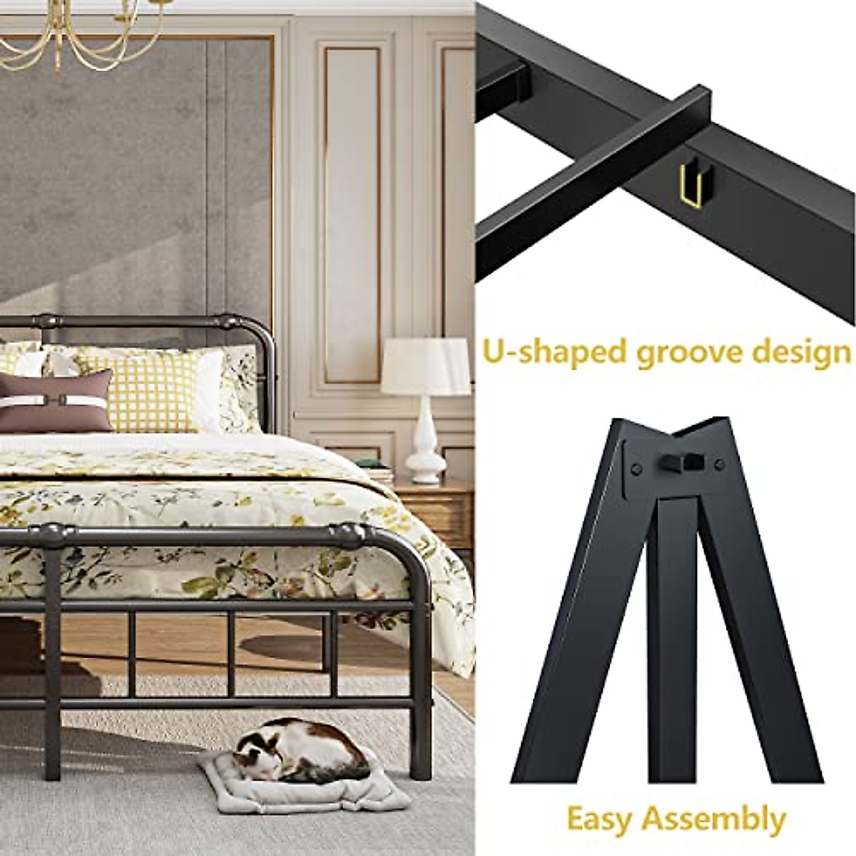 California King Bed Frame with Headboard and Footboard, 14 Inch Cal king Bedframe No Box Spring Needed Heavy duty Metal Platform, Premium Steel Slat Foundation with storage, Noise Free Iron-Art Bed