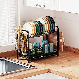 GSlife Dish Drying Rack, 2 Tier Rust-Resistant Dish Rack with Drainboard Compact Dish Drainer with Utensil Holder, Cutting Board Holder for Kitchen Counter, Black