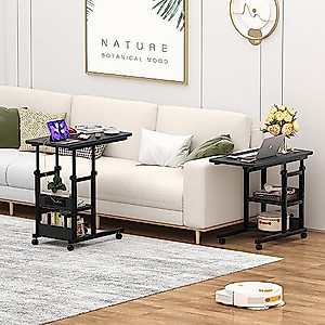 Height Adjustable C Shaped End Table with Charging Station, Mobile Laptop Side Table with USB Port and Wheels, Sofa Couch Table with 2-Tier Storage Shelve for Living Room Bedroom, Black