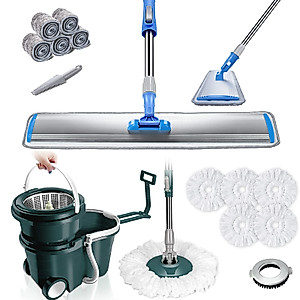 Masthome 24" Professional Flat Mop with 5 Reusable Mop Pads, Spin Mop and Bucket Set with 5 Mop Refills, Easywring Mop Bucket System for Floor Cleaning