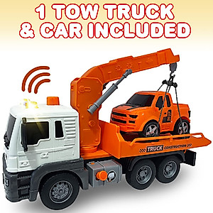 ArtCreativity Light Up Tow Truck Toy, Scale Model Tow Truck with Movable Flat Bed, Lights, Sound, and Small Car Toy for Kids, Interactive Tow Truck Toys for Boys and Girls, for Ages 3 and Up
