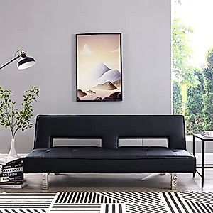 Naomi Home Black Futon Sofa Bed, Faux Leather Futon Couch, Black Sofa Bed Couch Convertible with Wooden Legs, Pull Out Sofa Bed, Reclining Small Couch Bed, Folding Futon Bed for Living Room