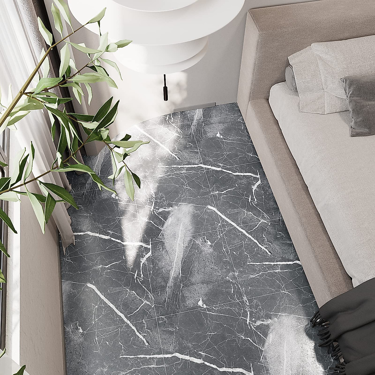 VEELIKE 24 Pack Grey Marble Floor Tiles Peel and Stick Waterproof Vinyl Flooring 12''x12'' Self Adhesive Removable Stick On Grey Vinyl Floor Tiles Stickers for Bathroom Kitchen Bedroom Basement