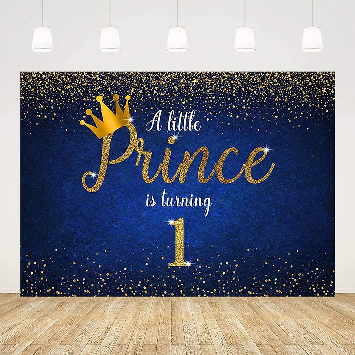 MOHOFOND Prince Boy 1st Birthday Decoration Backdrop Gold Crown Glitter Star A Little Prince is Turning 1 Blue Photography Background Banner of Cake Table Studio Photo Props 7x5ft