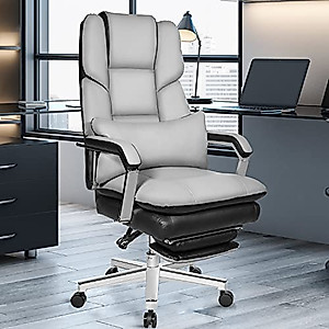 SeekFancy Reclining Office Chair with Footrest, Big and Tall Office Chair 500lbs Wide Seat with 170°Backrest, High Back Leather Managerial Chair Lumbar Support，Grey Executive Office Chair Set of 8