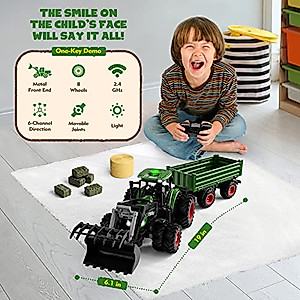 Remote Control Tractor Toy, Kids RC Tractor Set & Truck and Trailer Front Loader - Metal Car Head/8 Wheel/ Light, Toddlers Farm Vehicle Toys for 2 3 4 5 6 7 8 9 Year Old Boys Christmas Birthday Gift
