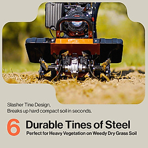 SuperHandy Tiller Cultivator 2.5HP 79cc 4 Stroke Ultra Duty 4 Premium Steel Adjustable Forward Rotating Tines for Garden, Lawn, Digging, Root/Weed Removal and Soil Cultivation