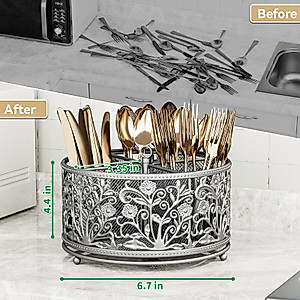 YIUKEA 360° Rotating Utensil Caddy - Silverware Cutlery Caddy Holder with 4 Compartment, Metal Flatware Organizer Countertop with Handle for Party Camping Picnic, Kitchen Counter, Office (Silver)