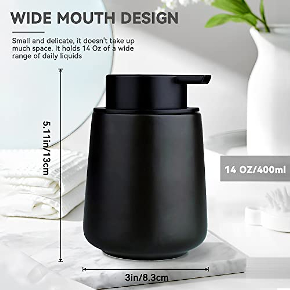 YYW Dish Soap Dispenser, Ceramics Hand Soap Dispenser for Bathroom with Easy-to-Press Pump, 14Oz Liquid Foam Soap Dispenser for Kitchen, Shower (Black)