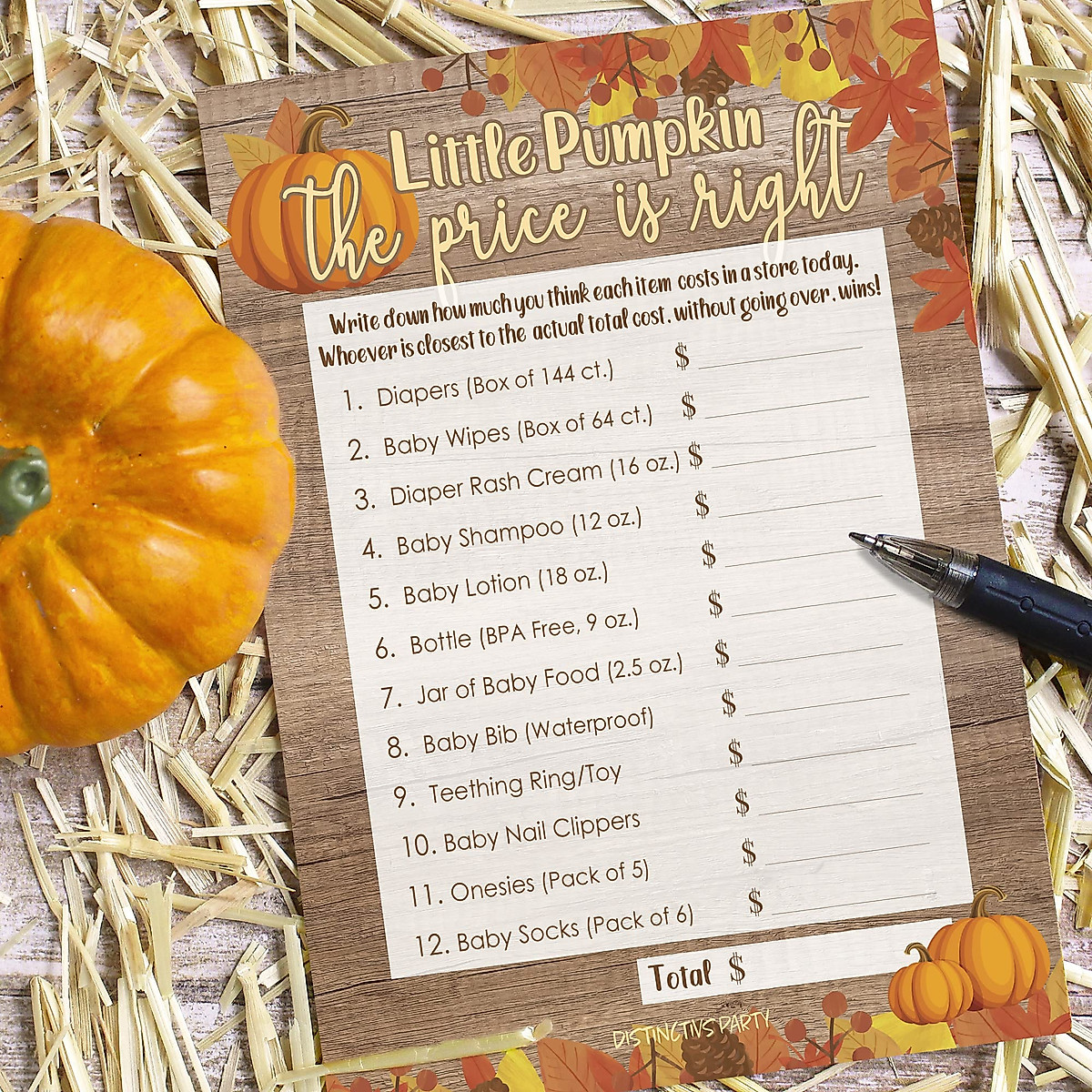 DISTINCTIVS Rustic Fall Little Pumpkin Baby Shower Price is Right Game Cards - 20 Count