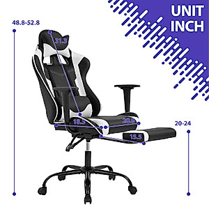 Gaming Chair Ergonomic Computer Racing Style Office Chair Adjustable High Back Gamer Chair for Home Office with Footrest Headrest Lumbar Support,White