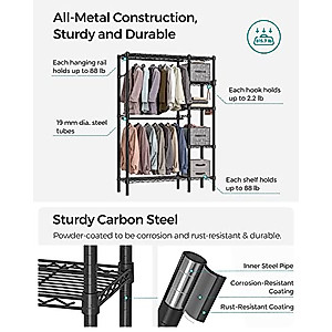 SONGMICS Garment Rack Heavy Duty Clothes Rack, Freestanding Portable Wardrobe Closet for Hanging Clothes with 2 Storage Boxes, 8 Hooks, Adjustable Wire Shelves, 2 Hanging Rods, Black ULGR422B01