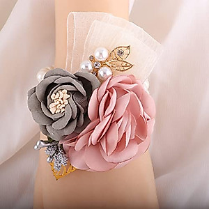 Elandy 1PC Rose Flower Wedding Bride Wrist Corsage Wristlet Band Faux Pearl Bracelet Bridesmaid Wrist Corsage Decor for Wedding Prom Party