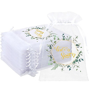 Windyun 200 Pcs Love Is Sweet Organza Bags for Wedding Treat 4 x 6 Inch Wedding Favor Bags Candy Gift Bags Bulk Small Sheer Eucalyptus Leave Jewelry Bags with Drawstring for Baby Shower Supply