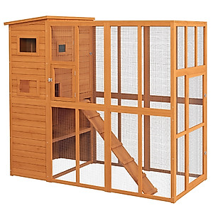 PawHut Outdoor Catio, Cat House Wooden Feral Cat Shelter, Cat Cage with Platforms, Waterproof Asphalt Roof, Ramps, 77" L, Natural