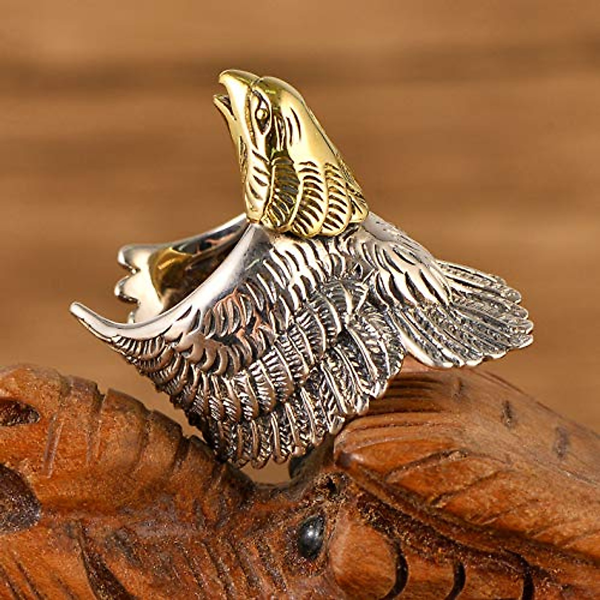 Two Tone Flying Eagle Ring with Golden Head Vintage 925 Sterling Silver Hawk Ring for Men Women Open Adjustable