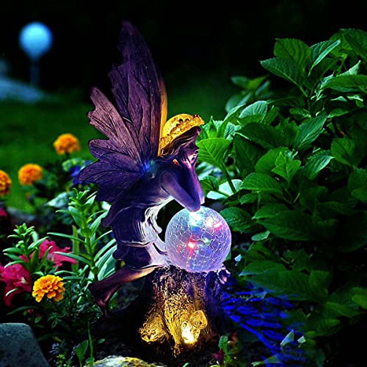 MIBUNG 13.2 Inch Large Fairy Angel Garden Statue Sculpture with Glass Ball Solar Lights, Bronze Fairy Elf Girl Outdoor Figurine Patio Yard Lawn Outside Decor, Housewarming Birthday Ornament Gift