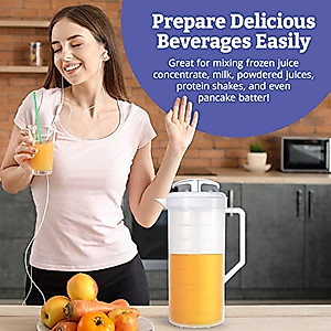 JBK Pottery - Mixing Pitcher for Drinks, Plastic Water Pitcher with Lid and Plunger with Angled Blades, Easy-Mix Juice Container, 2-Quart Capacity (White, One)